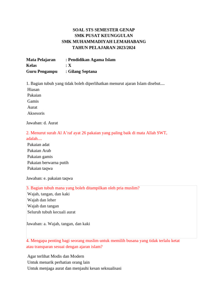 Soal STS X Pai Gilang-Septana | PDF