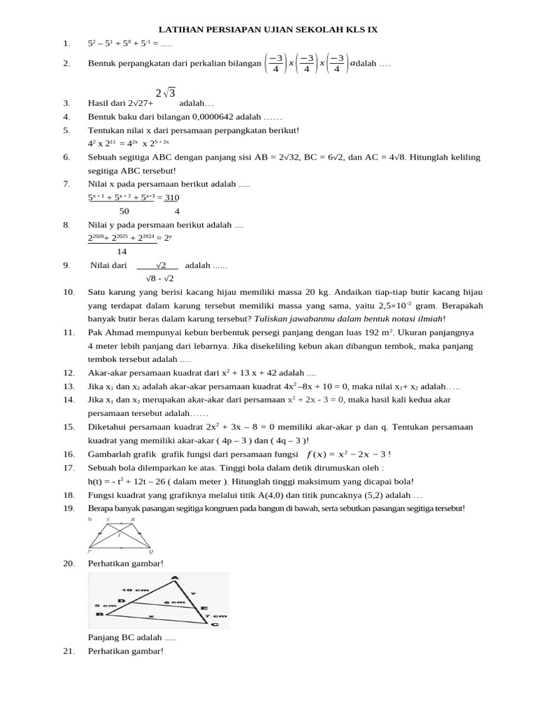 Latihan Persiapan Ujian Sekolah Mat 2024 | PDF
