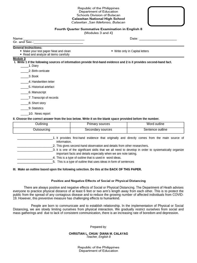 Fourth Summative Test-English 8 Modules 1 and 2 | PDF