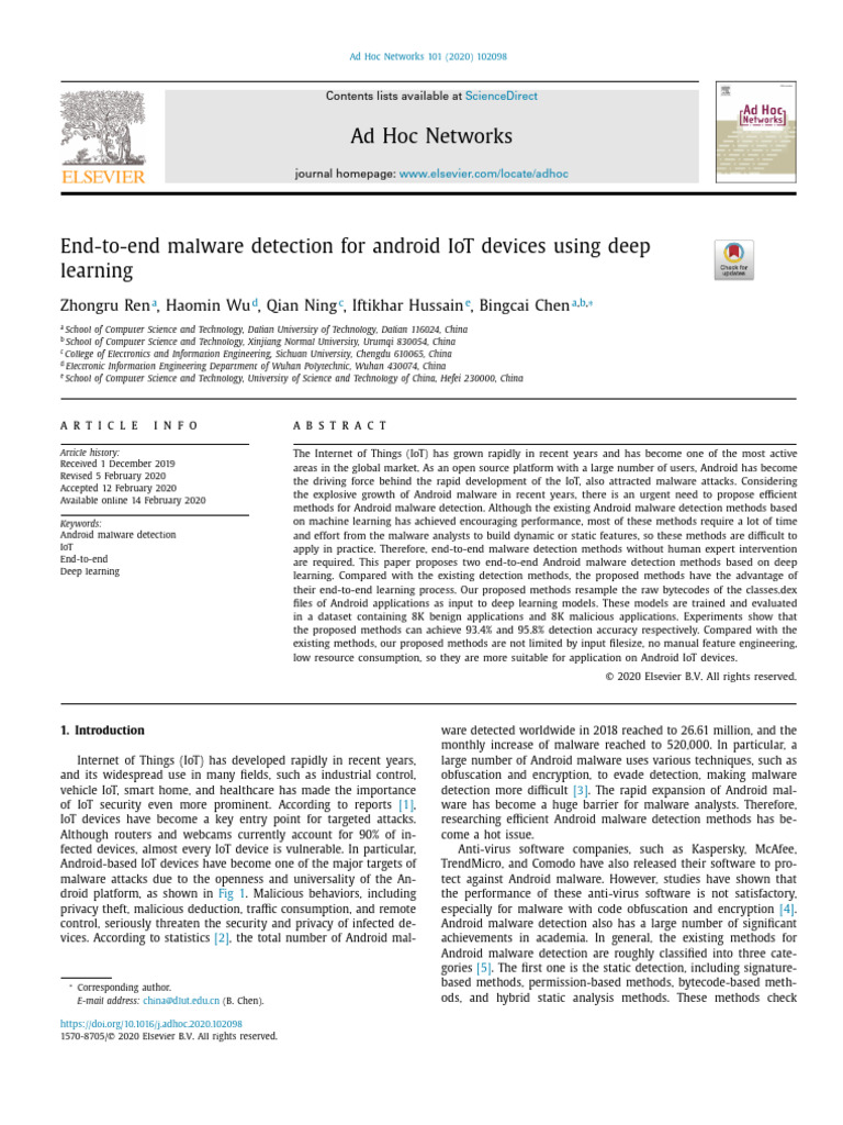 2020 - Zhongru Ren - End-To-End Malware Detection For Android IoT Devices Using Deep Learning | PDF