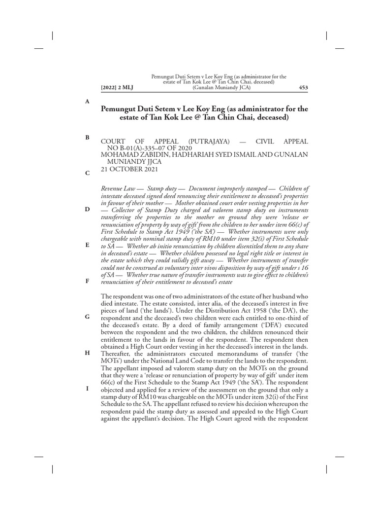 Pemungut Duti Setem V Lee Koy Eng (As Administrator For The Estate of ...