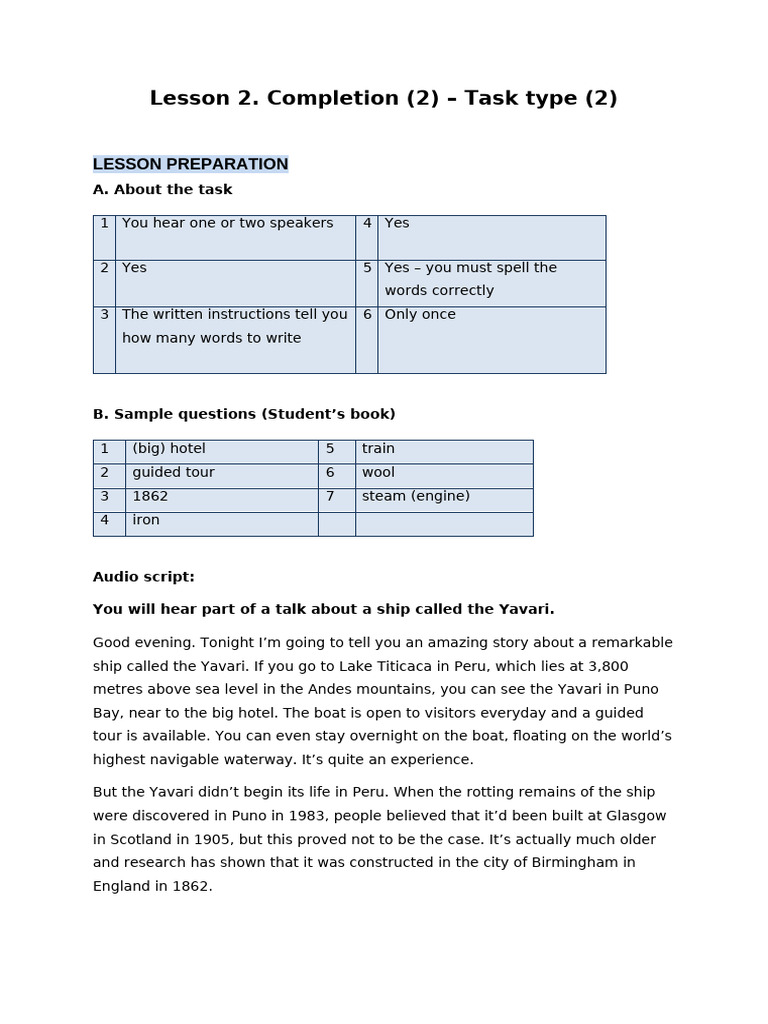 Answer Key. L2. Listening - Completion | PDF