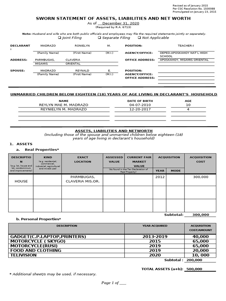 SALN Form MADRAZO 20 | PDF | Financial Services | Economies