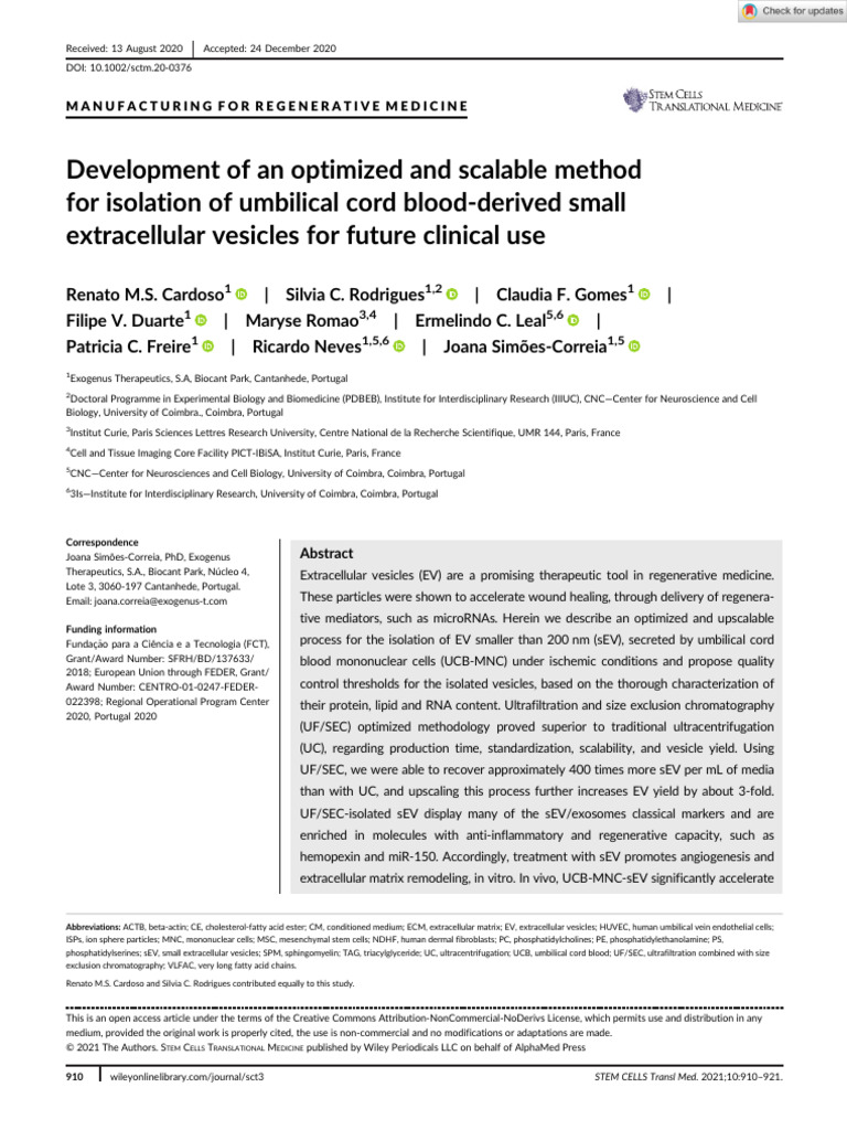 STEM CELLS Translational Med - 2021 - Cardoso - Development of An Optimized and Scalable Method ...