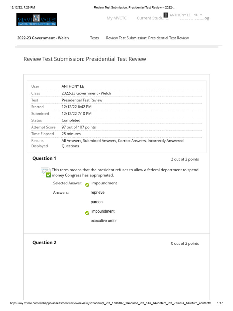Review Test Submission - Presidential Test Review - 2022-.. | PDF