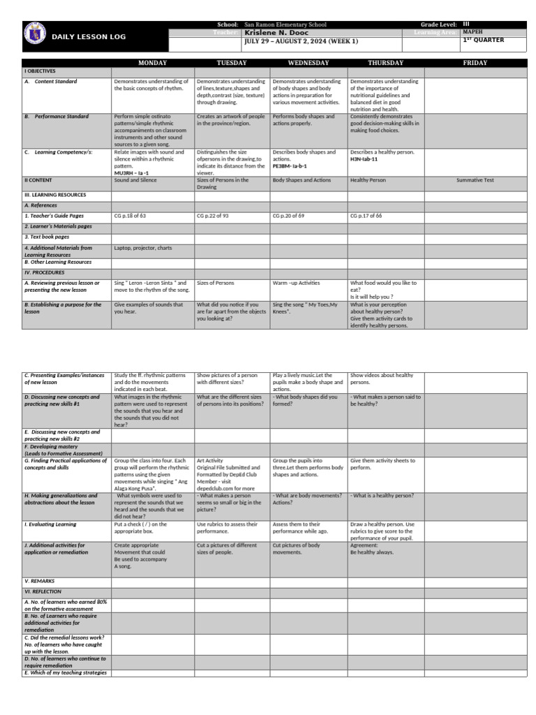 DLL - Mapeh 3 - Q1 - W1 | PDF