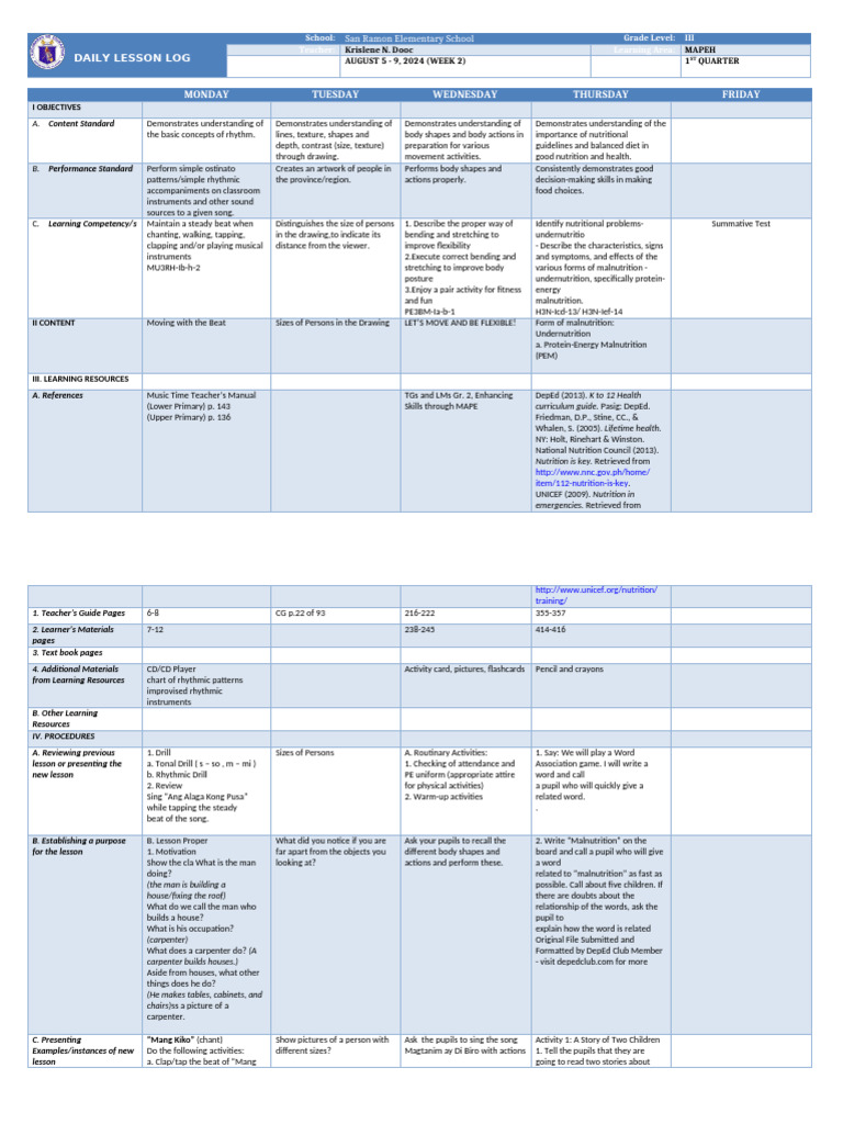 DLL - Mapeh 3 - Q1 - W2 | PDF