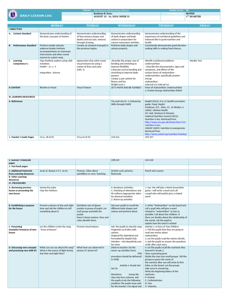 DLL - Mapeh 3 - Q1 - W3 | PDF