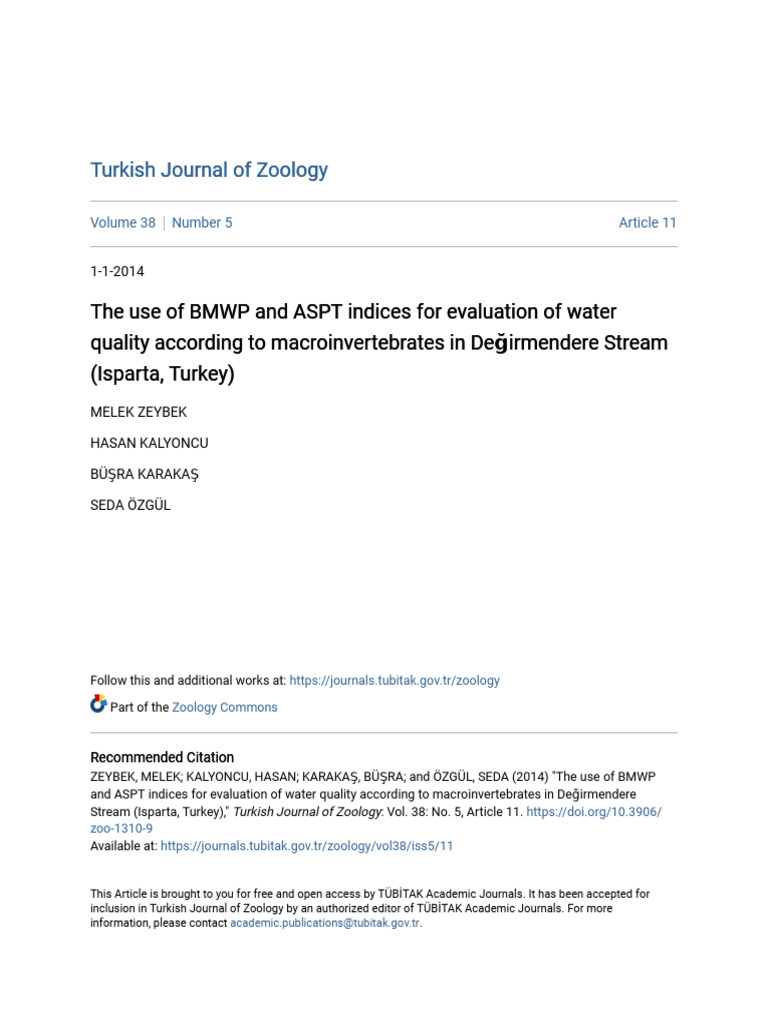 The Use of BMWP and ASPT Indices For Evaluation of Water Quality | PDF
