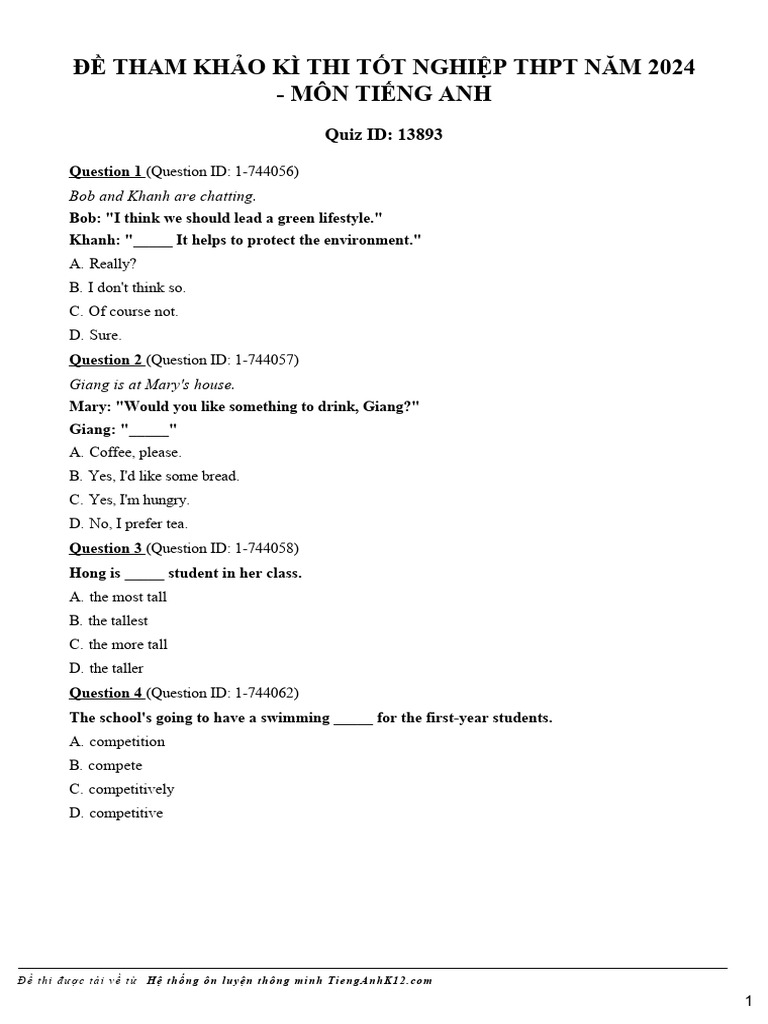 Quiz - 13893 - de Tham Khao Ki Thi Tot Nghiep THPT Nam 2024 - Mon Tieng Anh | PDF