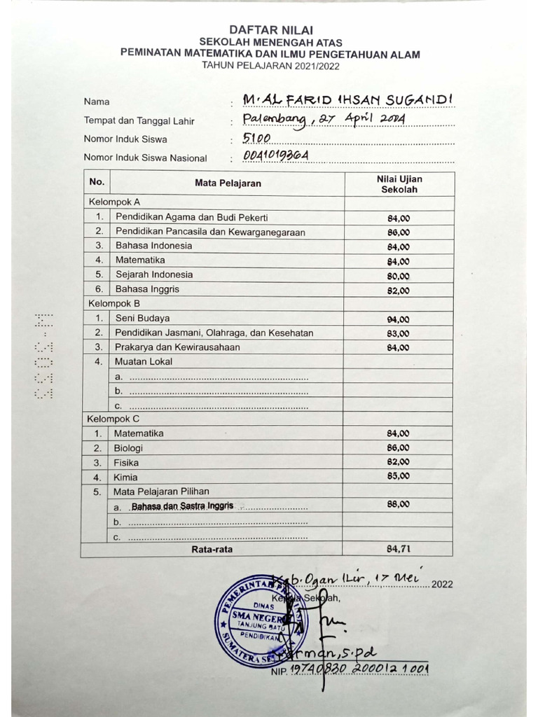 Daftar Nilai SMA | PDF