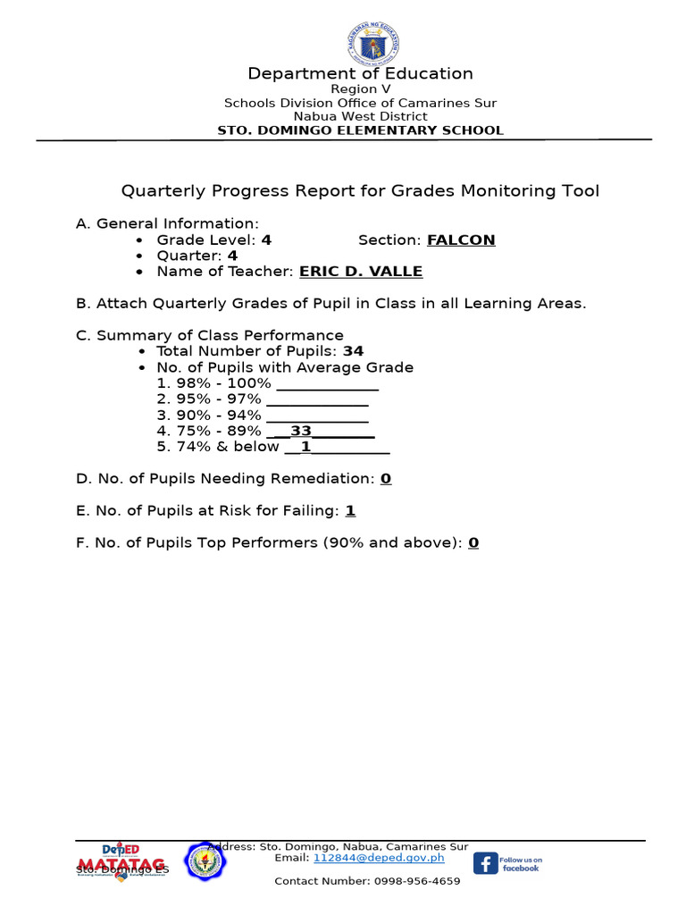 Quarterly Progress Report For Grades Monitoring Tool | PDF