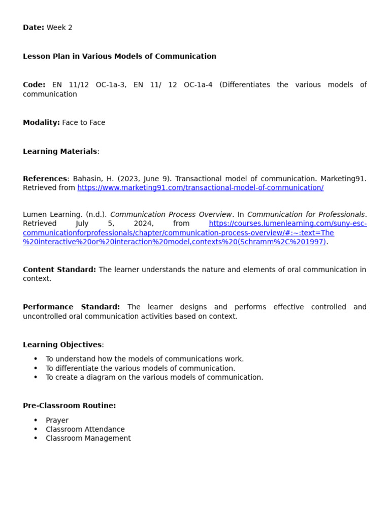 Lesson Plan On Communication Models | PDF