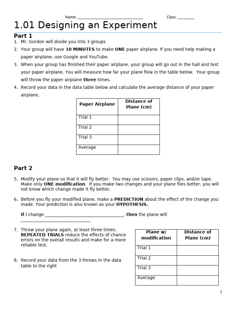 1.01 Designing An Experiment Honors 2 | PDF