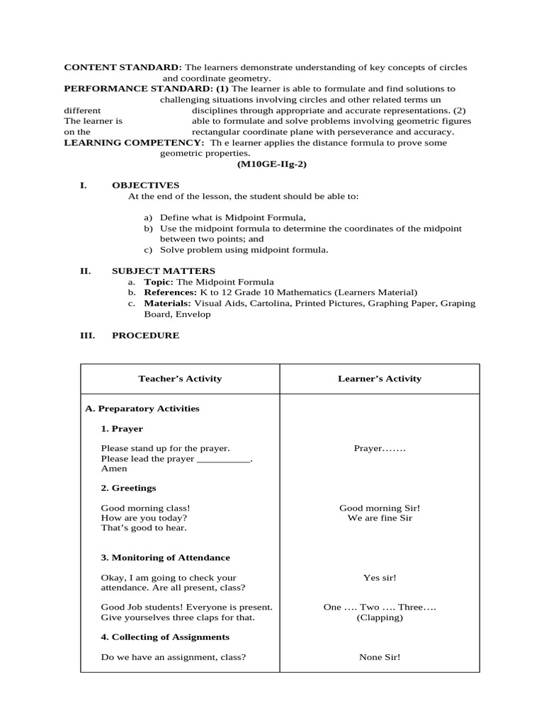 Detailed Lesson Plan For Midpoint | PDF