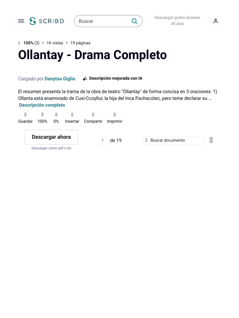 Ollantay - Drama Completo - Descargar Gratis PDF - Imperio Inca - Perú ...