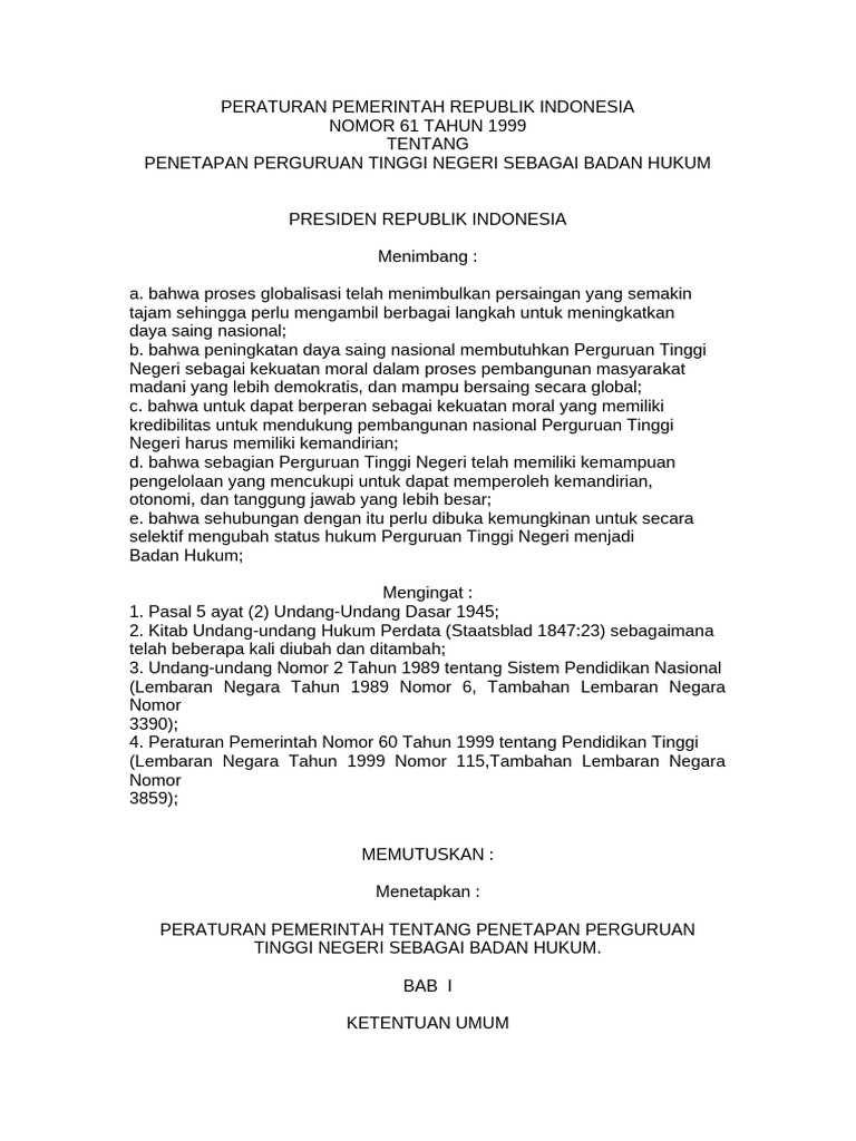 PP No 61 TTG Perguruan Tinggi SBG Badan Hukum | PDF