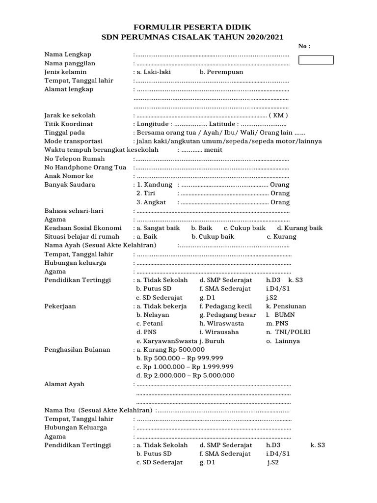 Formulir Data Siswa Kelas 2B 2019-2020 | PDF