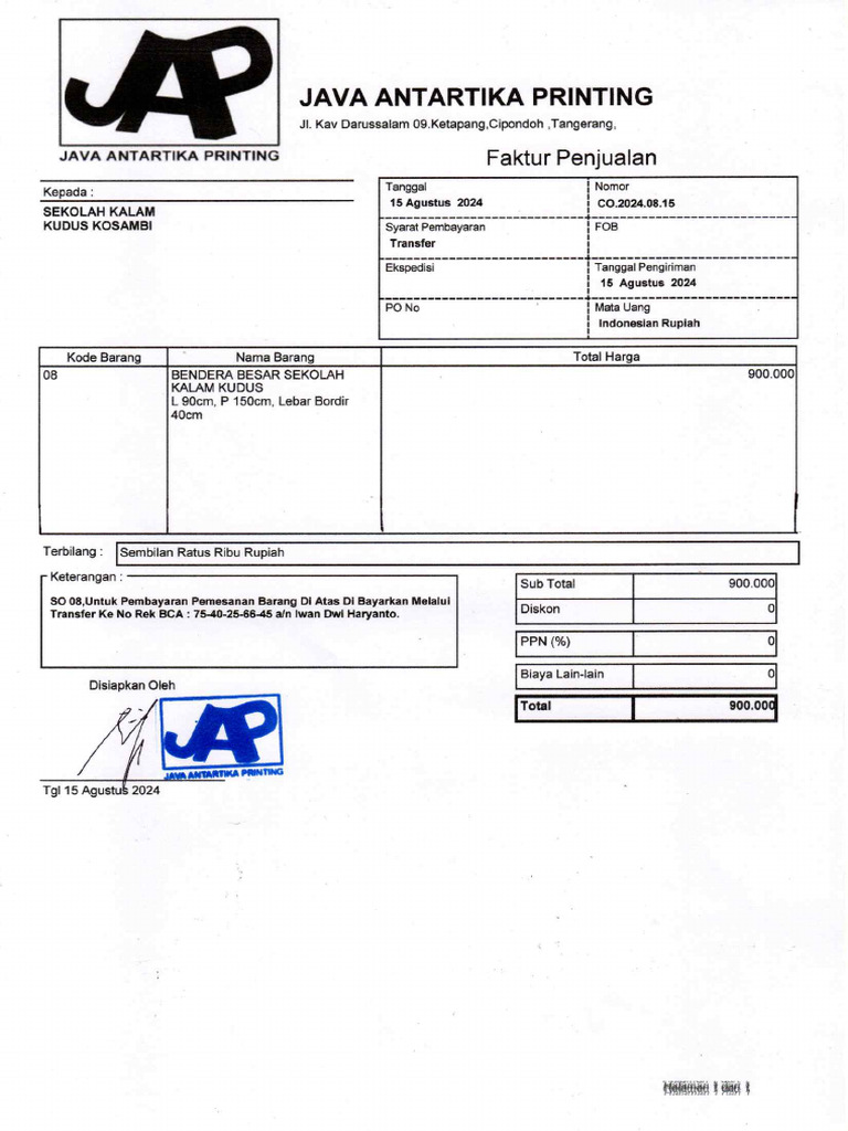 Invoice Sekolah Kalam Kudus Kosambi Baru Agus | PDF