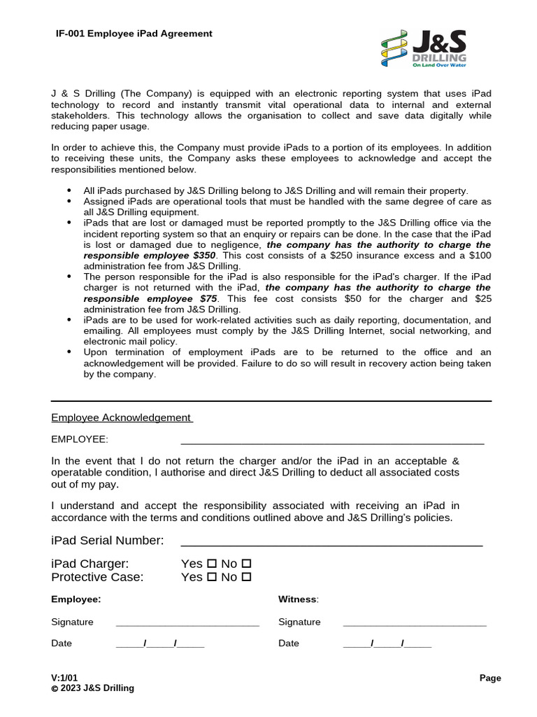 Employee iPad Usage Agreement | PDF | Fee | Employment