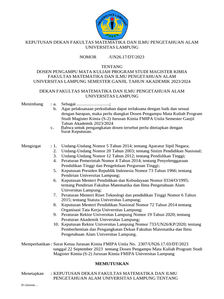 Draft SK Dosen Pengampu MK S2 Kimia Ganjil TA 2023-2024 | PDF