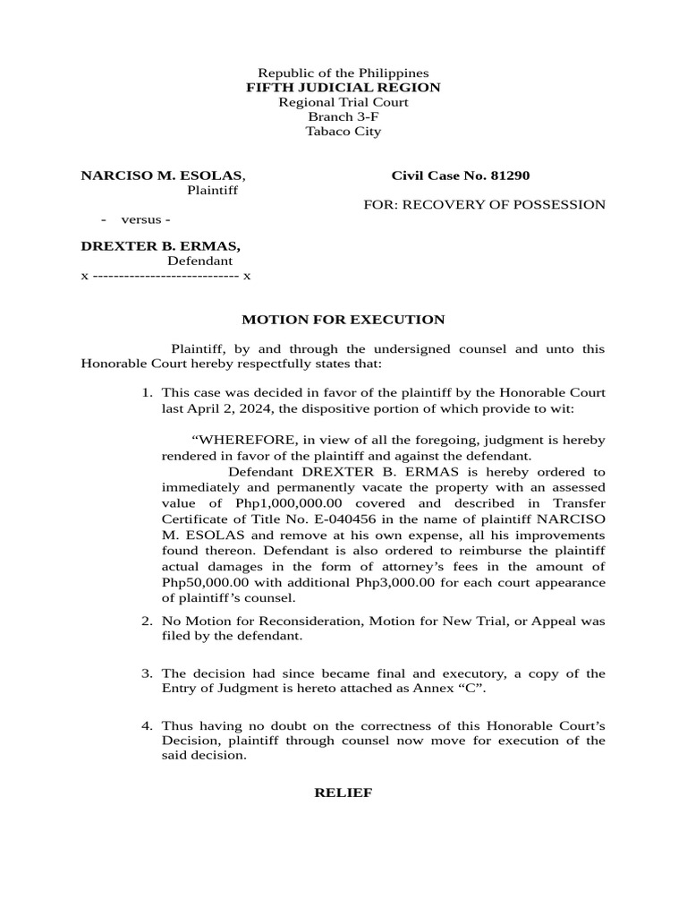 Motion For Execution (Recovery of Possession) | PDF