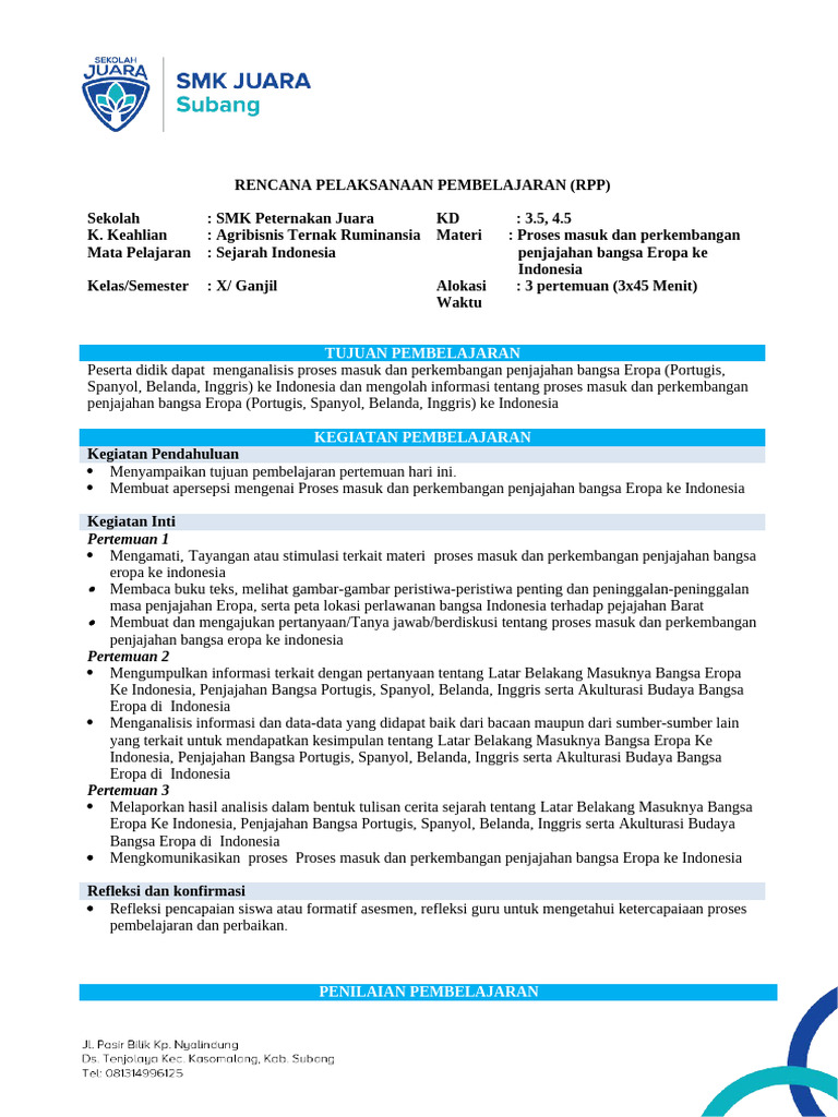3.5 - 4.5 RPP Proses Masuk Dan Perkembangan Penjajahan Bangsa Eropa Ke Indonesia | PDF