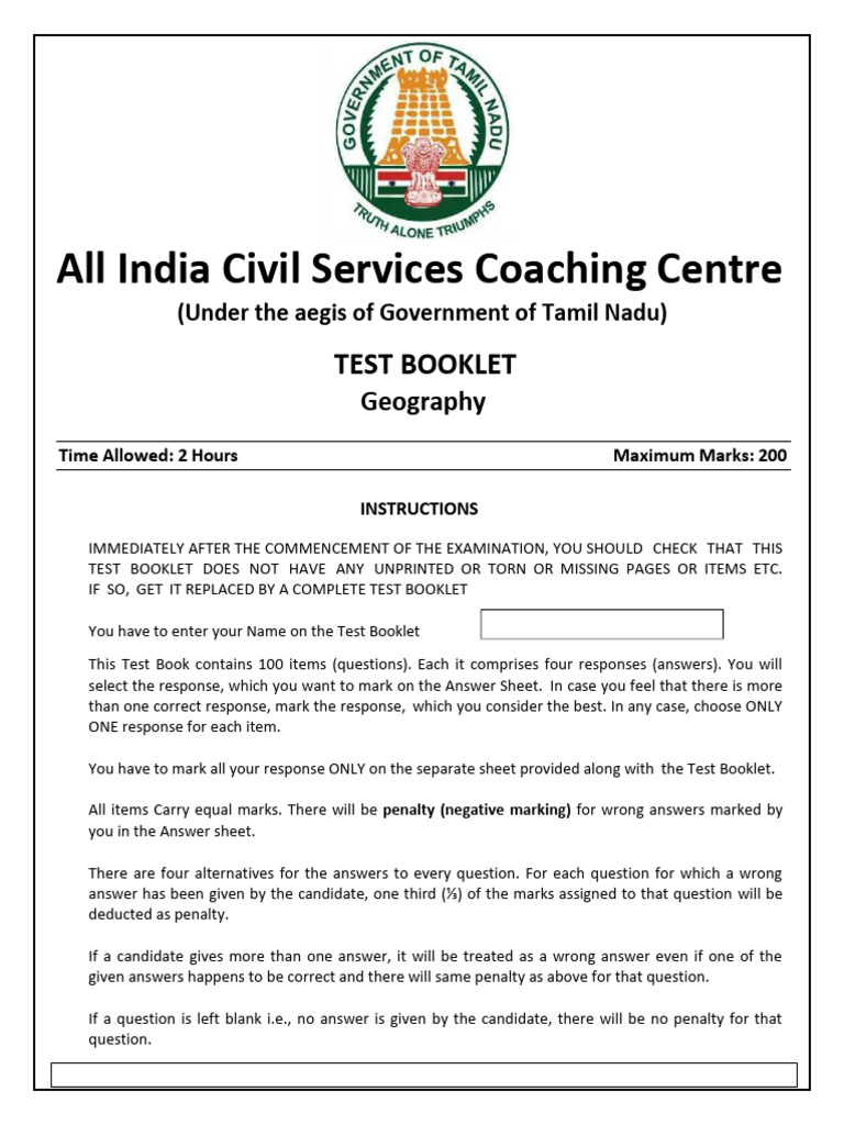 All India Civil Services Coaching Centre: Test Booklet | PDF