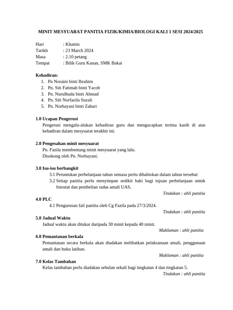 Minit Mesy Panitia SAINS Tulen Kali 1 2024 | PDF