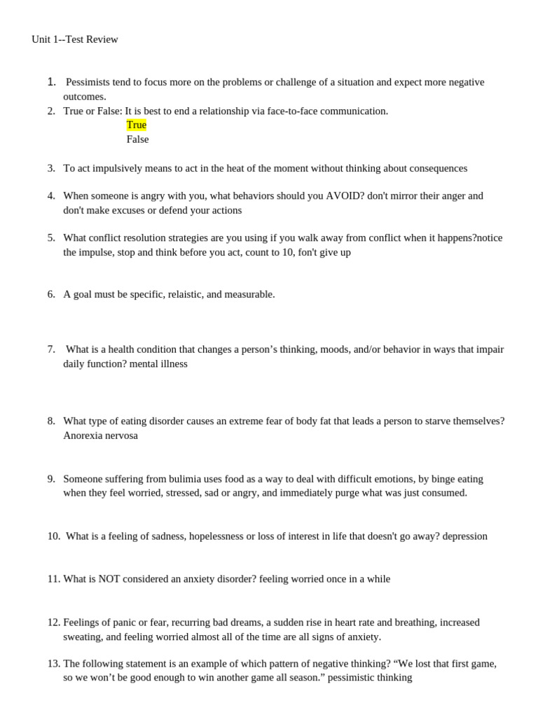 Unit 1 Test Review | PDF