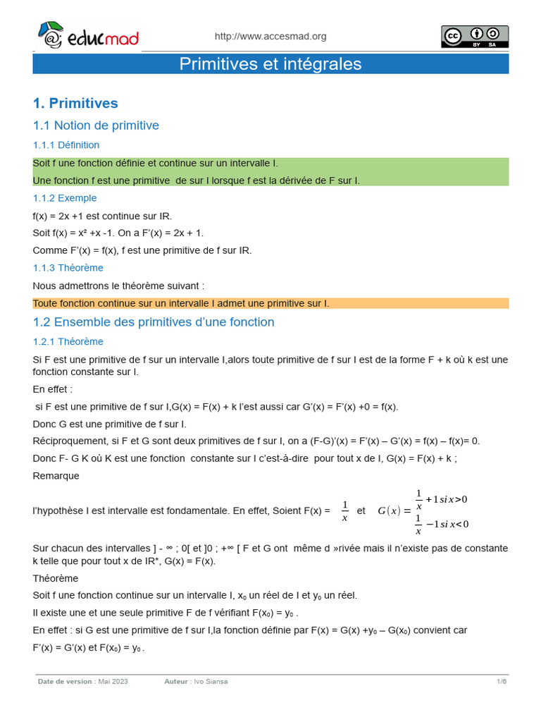 Primitives Et Intégrales Cours | PDF