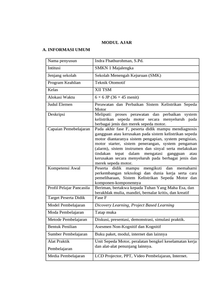Modul Ajar Kelistrikan Xii TSM | PDF