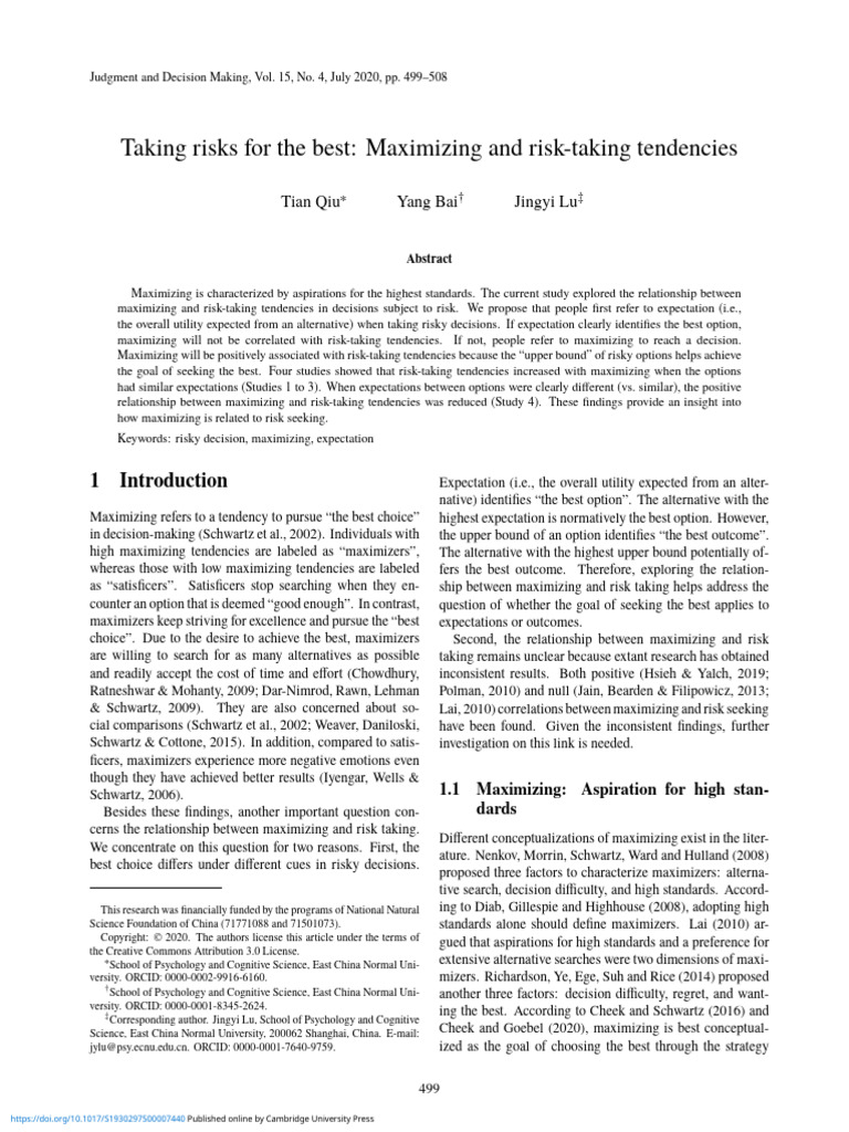 Taking Risks For The Best Maximizing and Risk-Taki | PDF | Risk ...