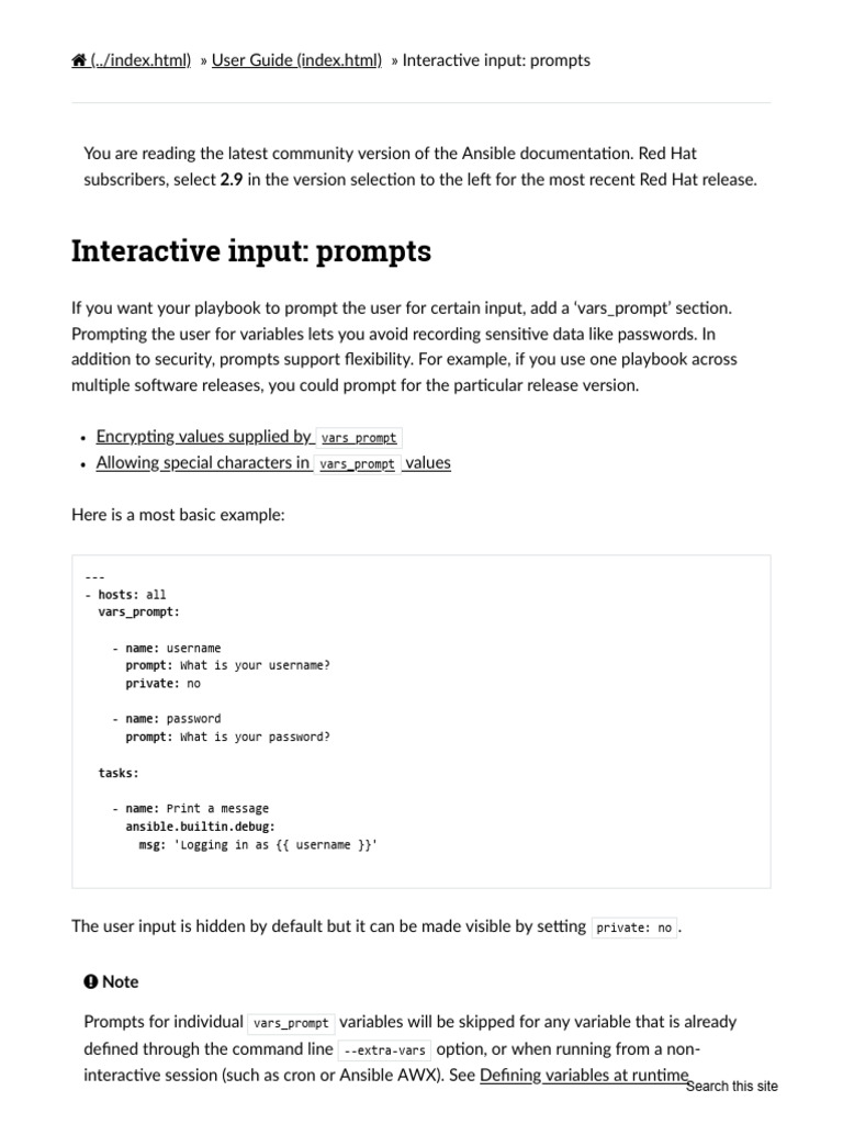 Interactive Input - Prompts - Ansible | PDF