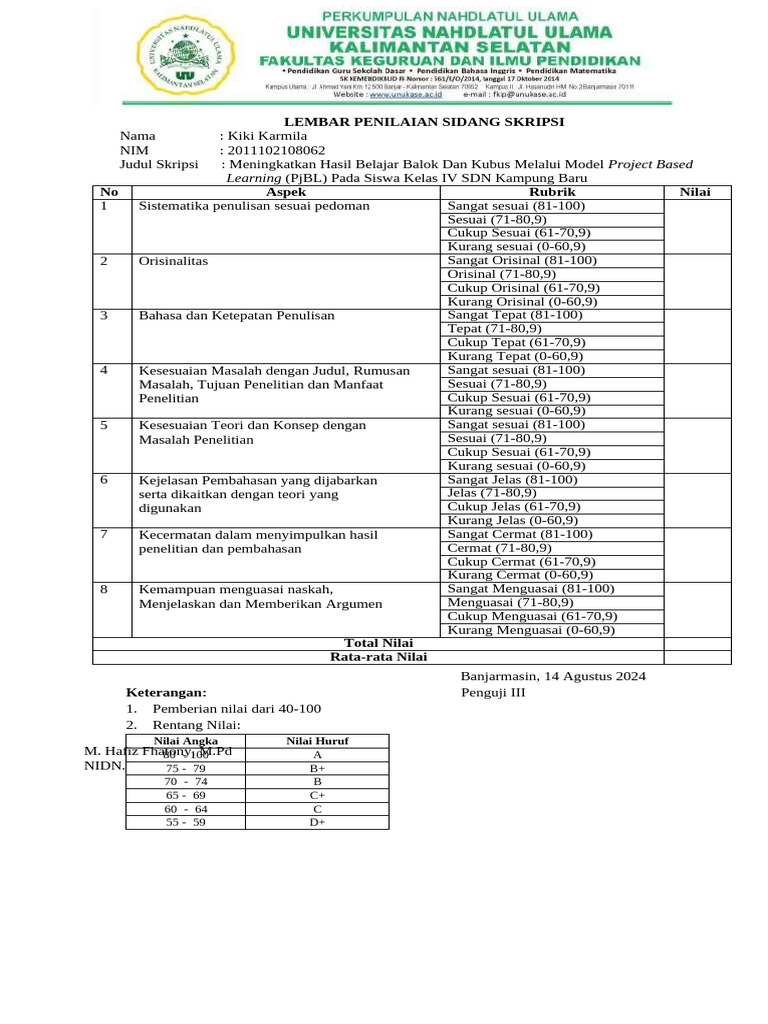 Lembar Penilaian Ujian Skripsi Penguji Iii | PDF