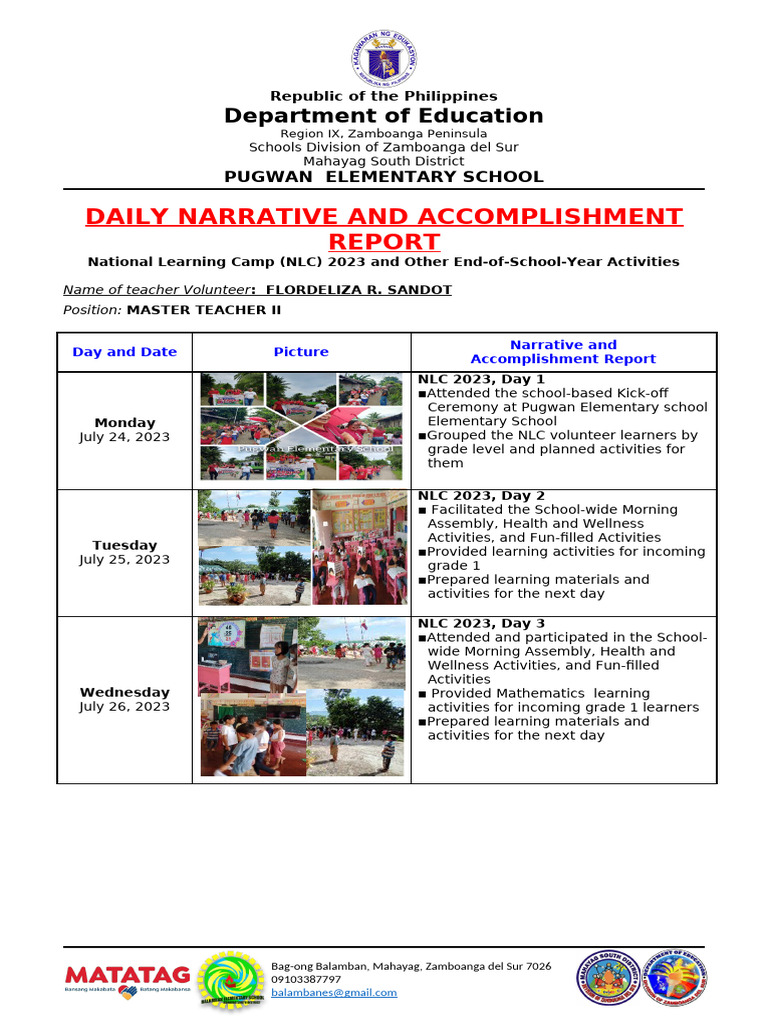 NLC 2023 Daily Narrative and Accomplishment Report | PDF | Cognition ...