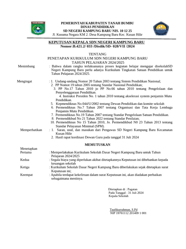 SK Pemberlakuan Kurikulum | PDF