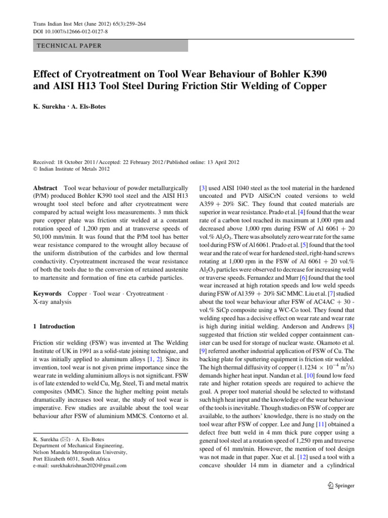 Effect of Cryotreatment On Tool Wear Behaviour of Bohler K390 and AISI H13 Tool Steel During ...