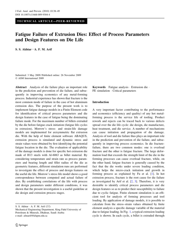 Fatigue Failure of Extrusion Dies Effect of Process Parameters and Design Features On Die Life | PDF