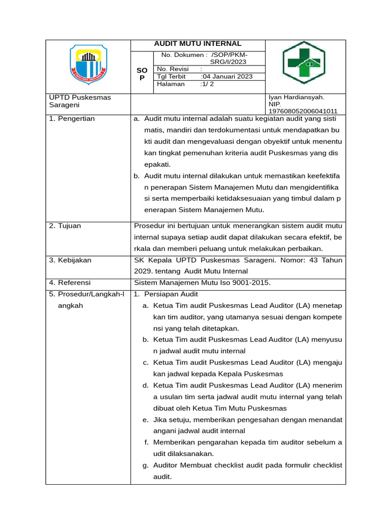 1.6.1. b. SOP AUDIT MUTU INTERNAL (1) | PDF