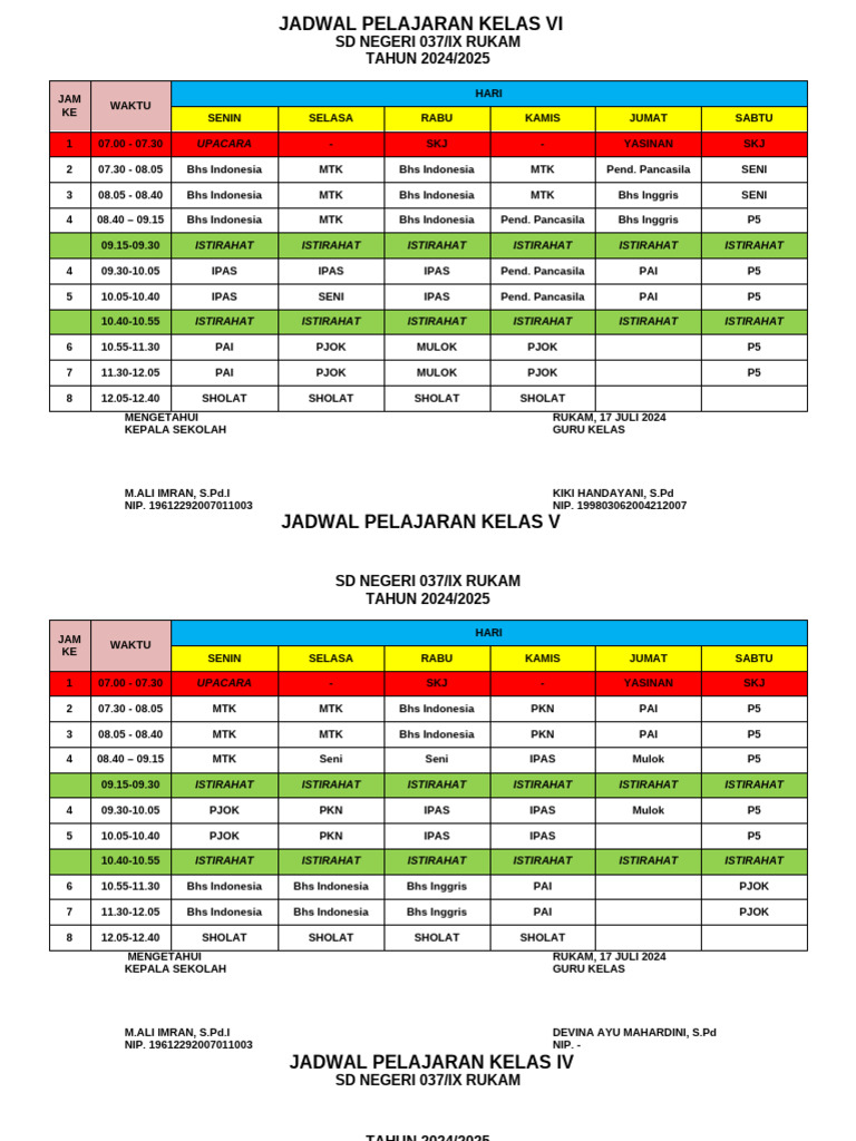 Jadwal Pelajaran SDN 037 Kurikulum Merdeka TH 2024-2025 All | PDF