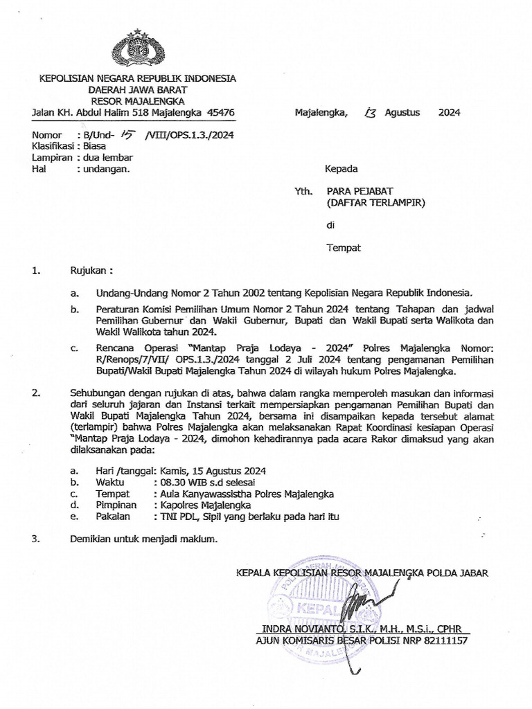 Surat Undangan Rakor Linsek Pam Pilkada 2024 | PDF