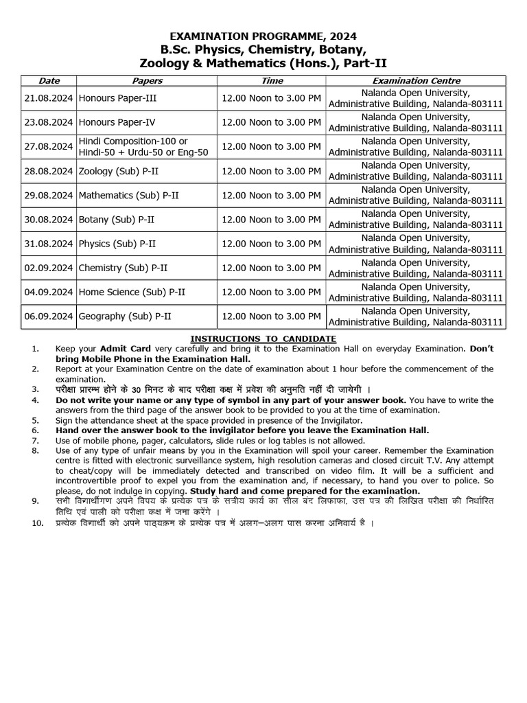 BSC Physics - Chemistry - Botany - Zoology - Mathematics - Part-II - Examination Programme-2024 ...