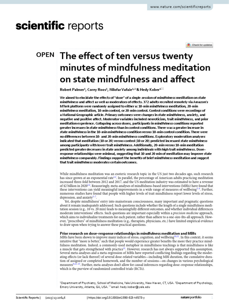 The Effect of Ten Versus Twenty Minutes of Mindfulness Meditationon ...
