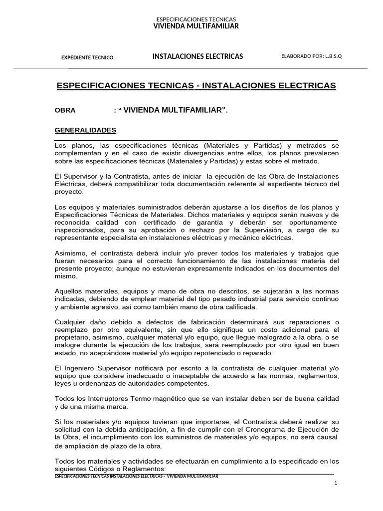 Especificaciones Tecnicas de Instalaciones Electricas Junio 2018 | PDF