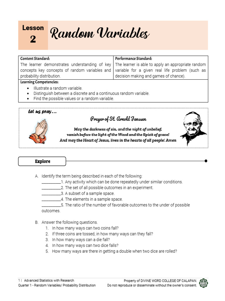 Q1ASR9 - Lesson 2 - Random Variables | PDF