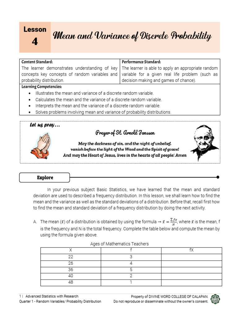 Q1ASR9 - Lesson 4 - Mean and Variance of Discrete Prob Dist | PDF | Variance | Probability ...