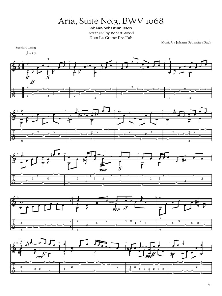 Bach - Aria, Suite No.3, BWV 1068 - Arr For Classical Guitar With Tab | PDF