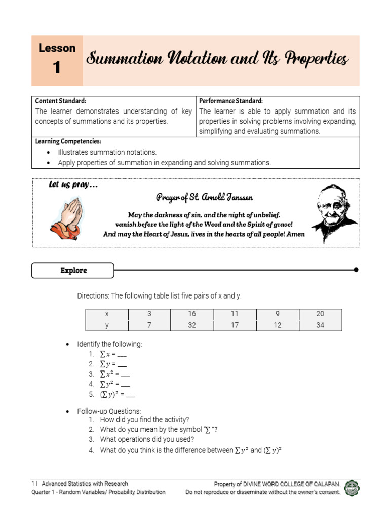 Q1ASR9 - Lesson 1 - Summation | PDF | Summation | Probability Distribution