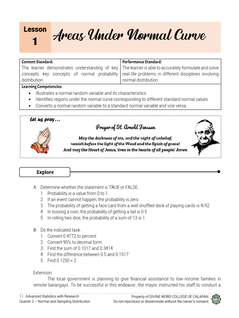 Q2ASR9 - Lesson 1 - Areas Under Normal Curve | PDF